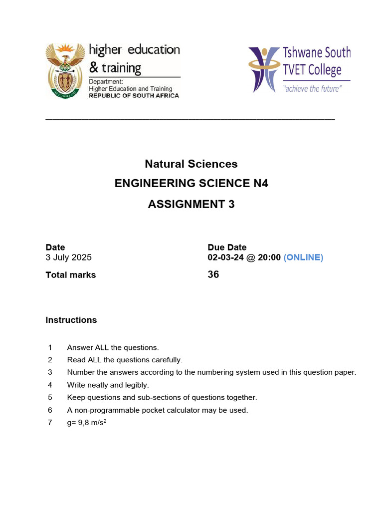 Engineering Science N4 Assignment 3 T2 2025 | PDF | Deformation (Engineering) | Stress (Mechanics)