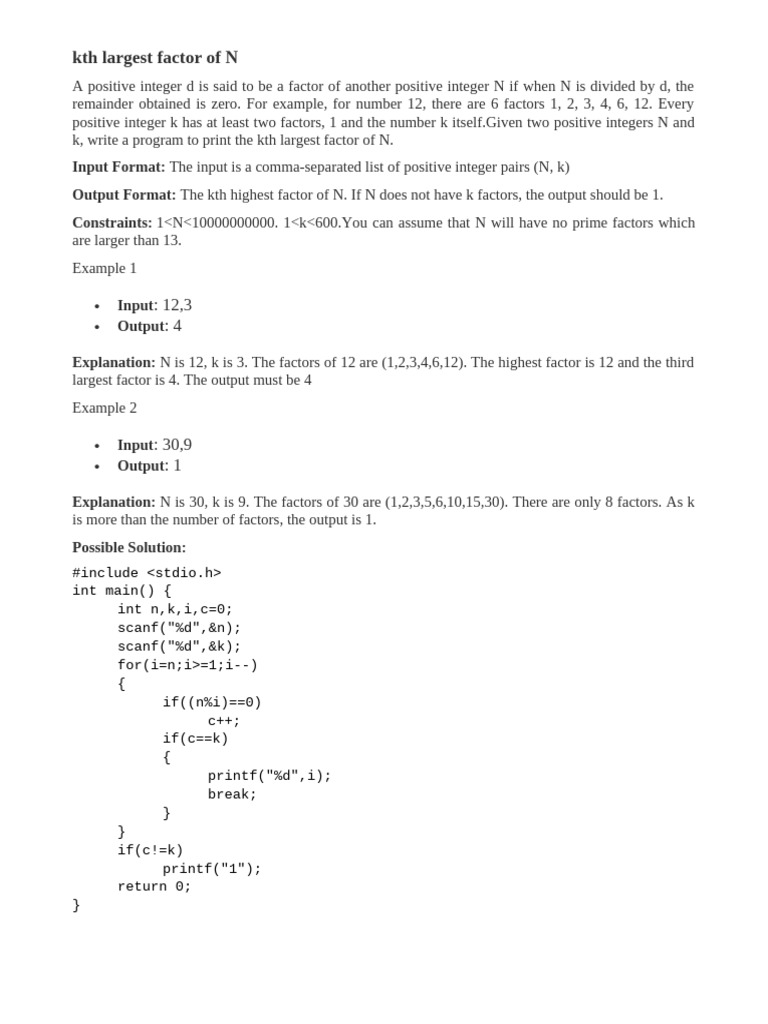 Find kth Largest Factor of N | PDF