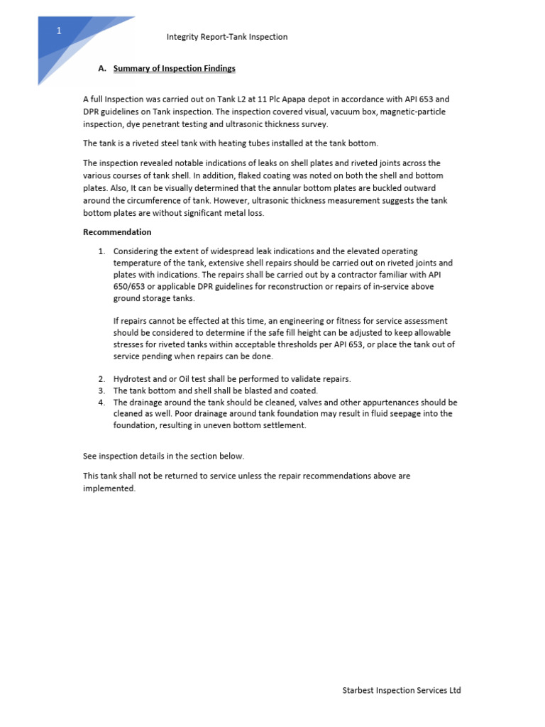 Tank L2 Integrity Report | PDF | Leak | Corrosion