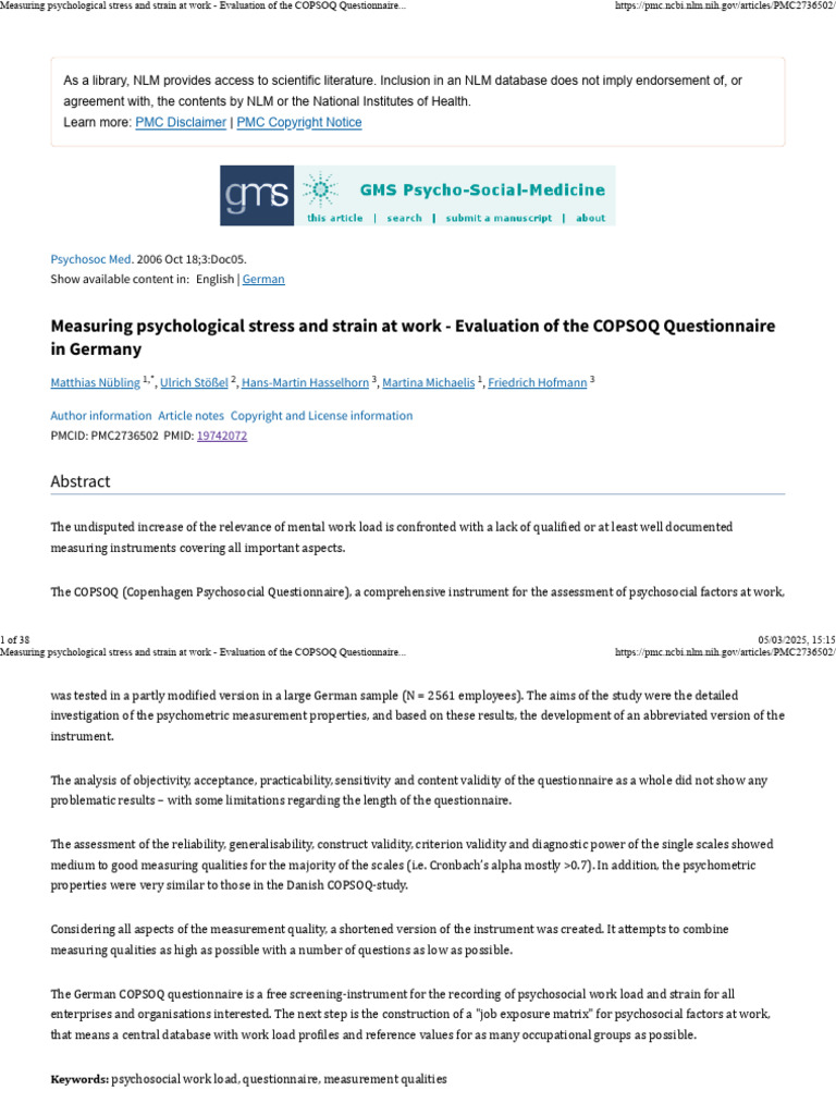 Measuring Psychological Stress and Strain at Work - Evaluation of The ...