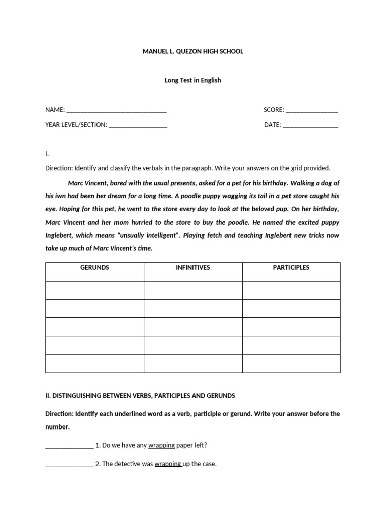 Verbals Practice Test for Students | PDF | Verb | Grammar