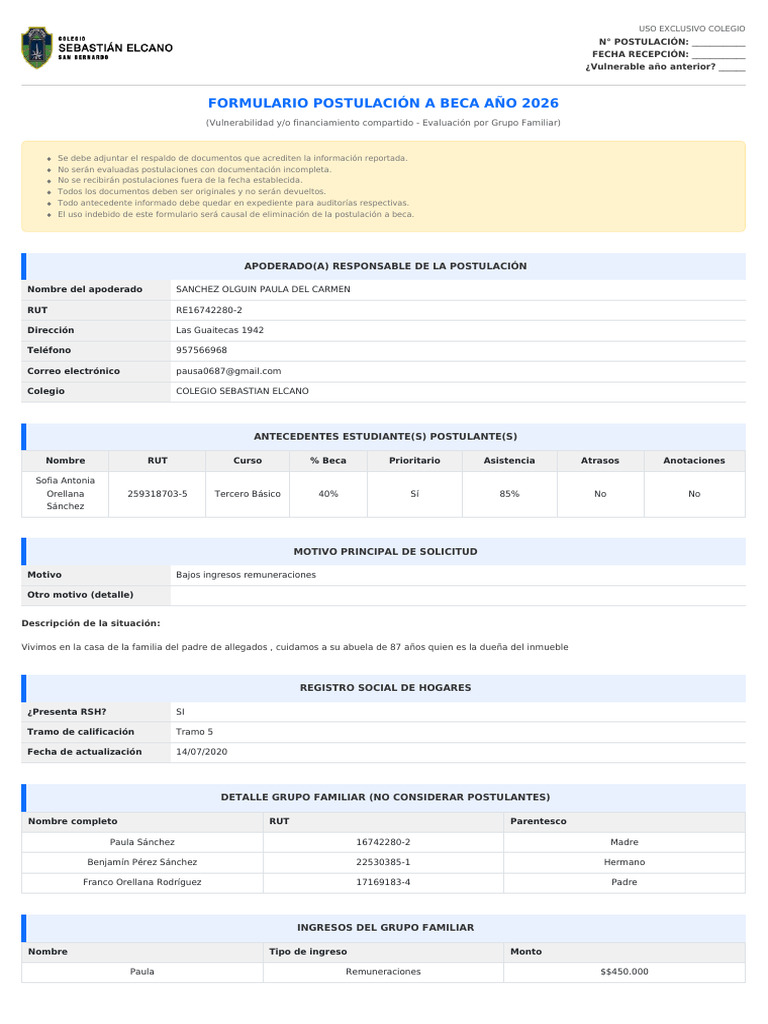 Formulario 1052: Postulación Beca 2026 | PDF