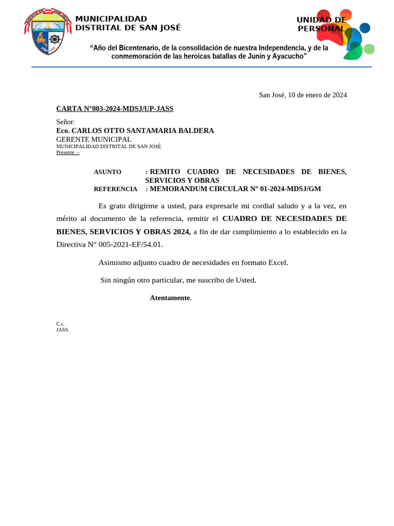 Carta #003-2024-Up-Mdsj-Jass | PDF