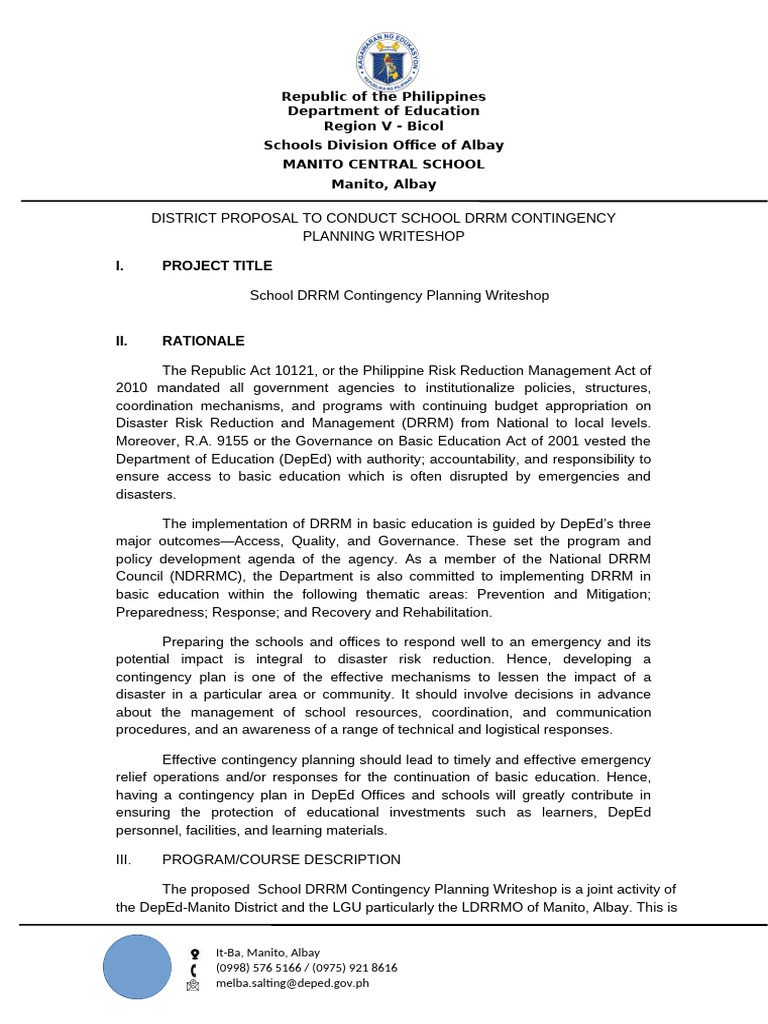 District Proposal To Conduct Training Writeshop of School Based DRRM ...