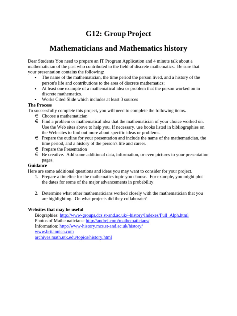 MathematicianProjectandRubric-G10 Trimester Project | PDF ...