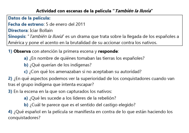 Actividad Con Escenas de La Película También La Lluvia | PDF