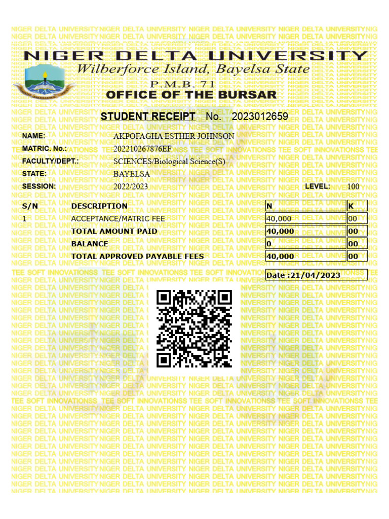 Student Receipt: Akpofagha Esther Johnson 202210267876EF SCIENCES ...