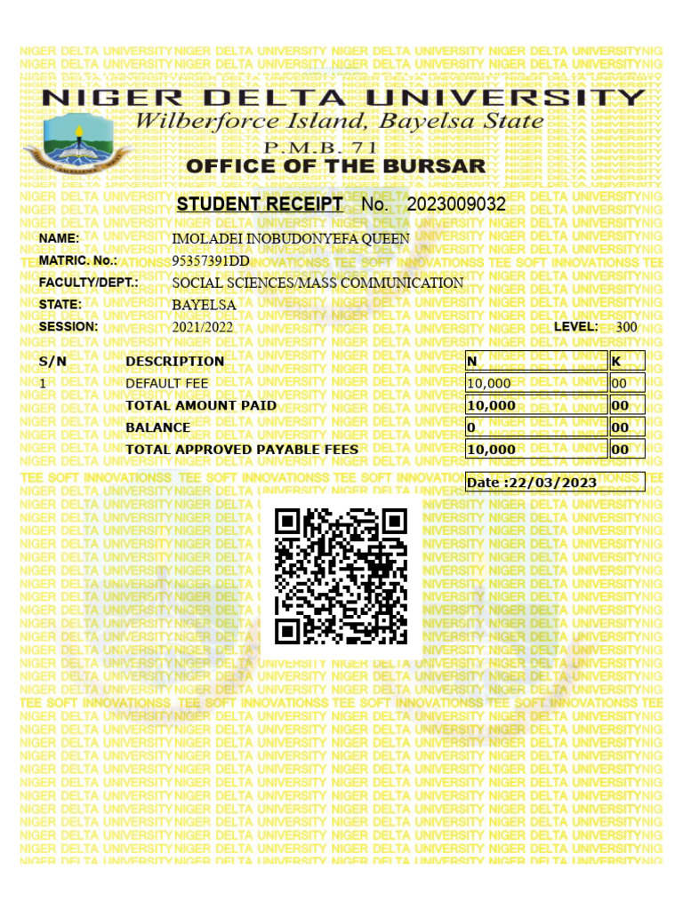 Student Receipt: Imoladei Inobudonyefa Queen 95357391DD Social Sciences/Mass Communication ...