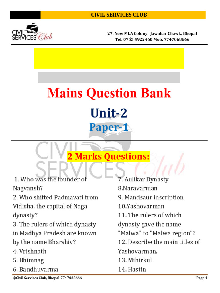 MPPSC Mains Qs. Bank Paper-1 (Unit-2) | PDF