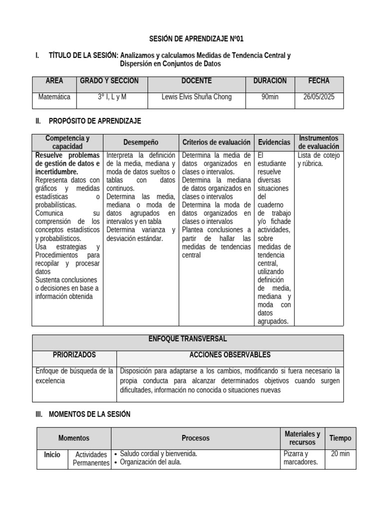 SESIÓN DE APRENDIZAJE 3ro 2025 N°01-IIB | PDF | Mediana | Modo (Estadísticas)
