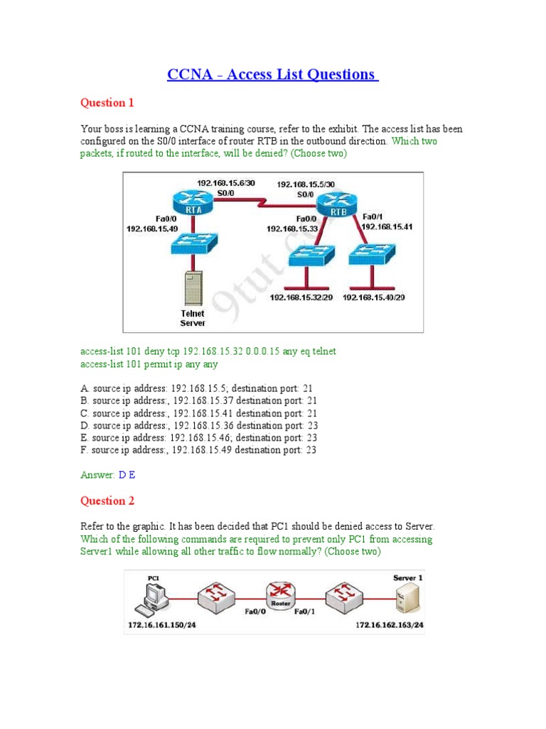 CCNA Access List Questions | PDF | Ip Address | Router (Computing)