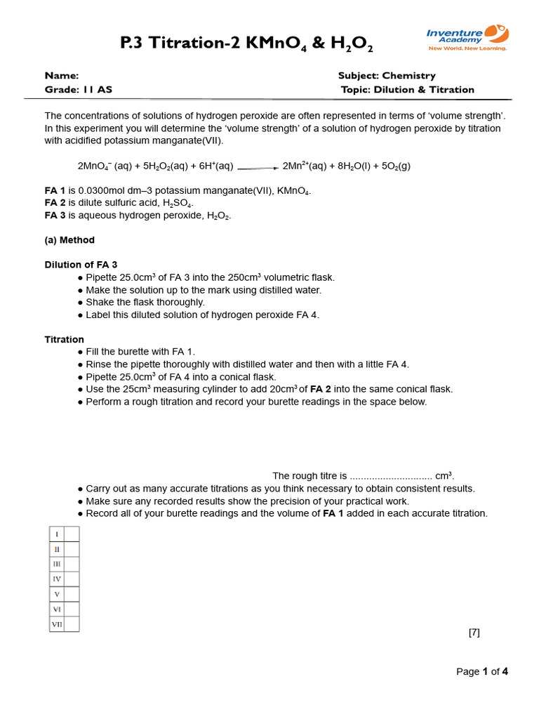 P.3 Titration-2 KMnO4 & H2O2 | PDF | Hydrogen Peroxide | Titration