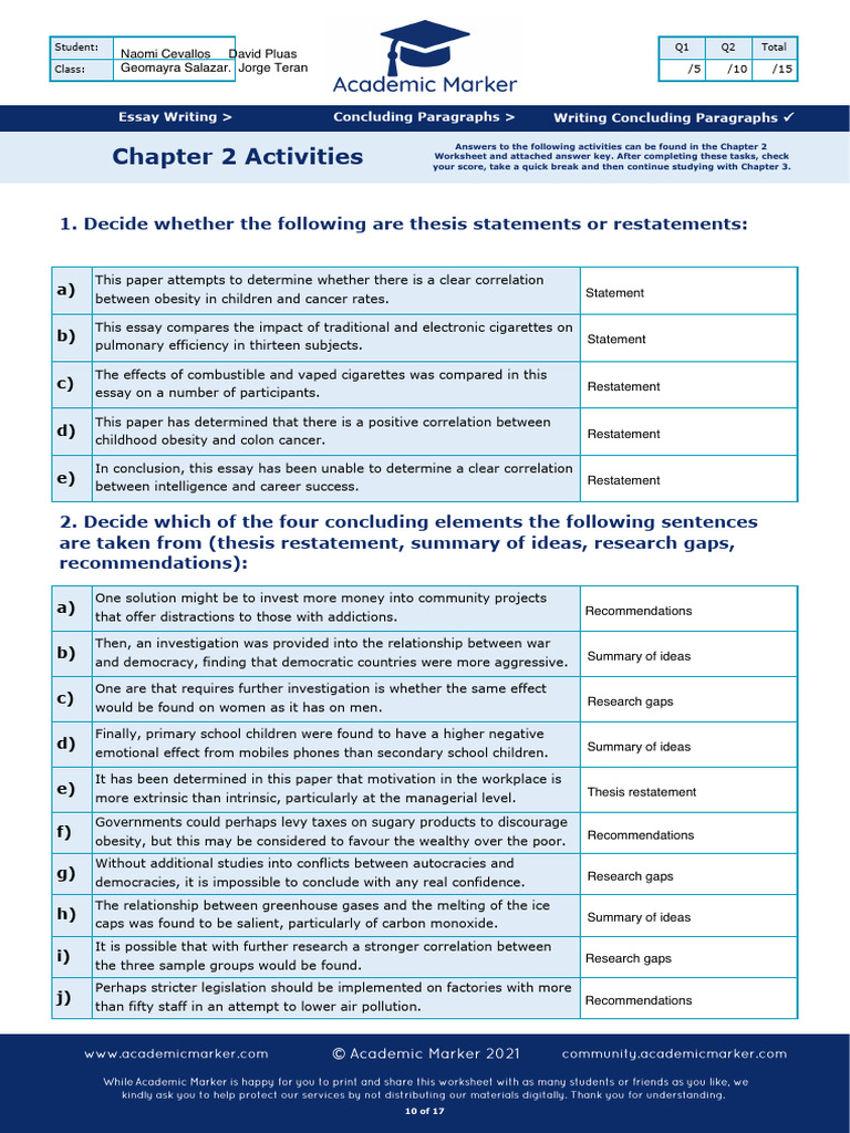 Writing Concluding Paragraphs Chapter 2 Worksheet Academic Marker (1 ...
