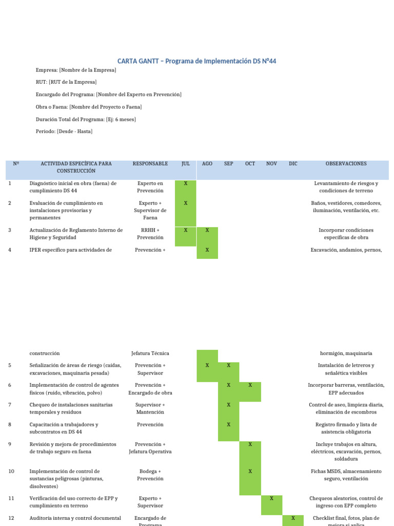 Carta Gantt Implementacion DS44 Construccion Colores | PDF