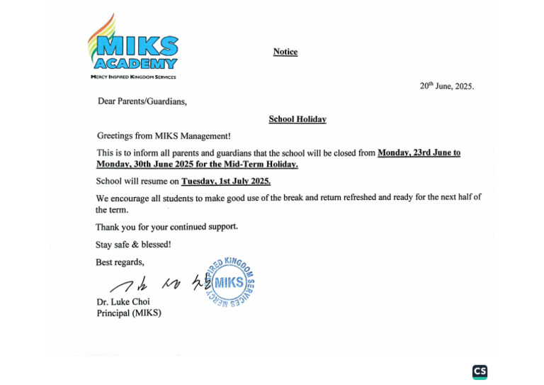 School Holiday Notice | PDF
