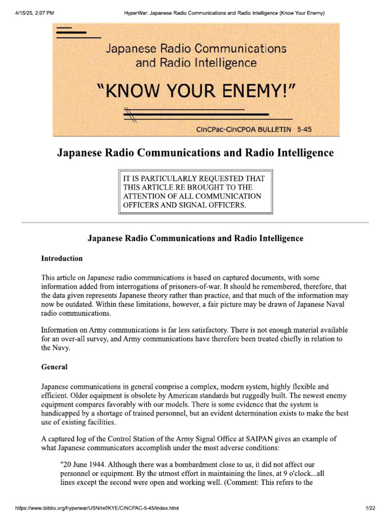 Japanese Radio Communications and Radio Intelligence | PDF