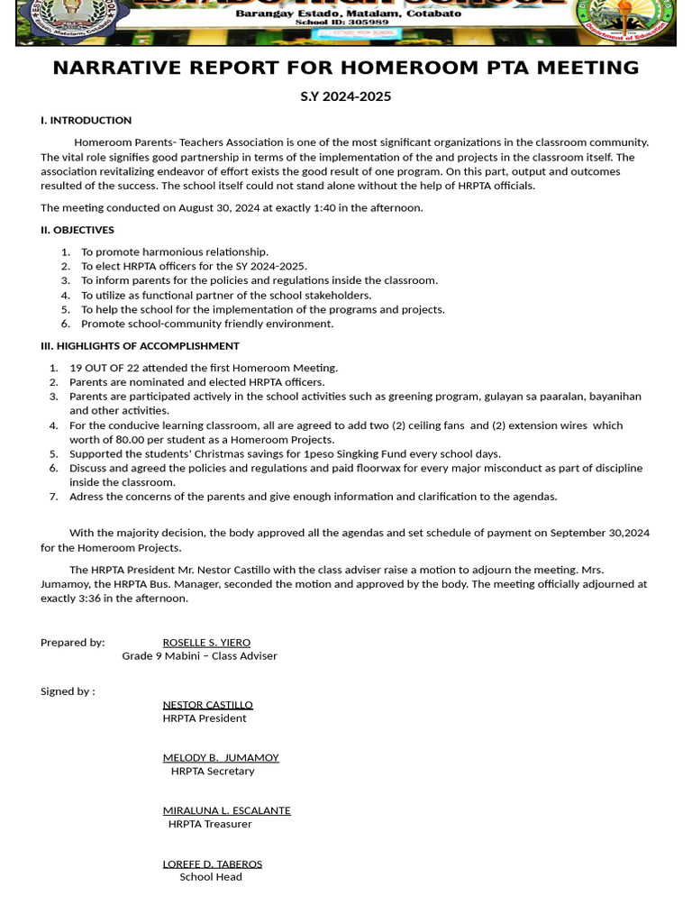 Homeroom PTA Meeting Report 2024-2025 | PDF