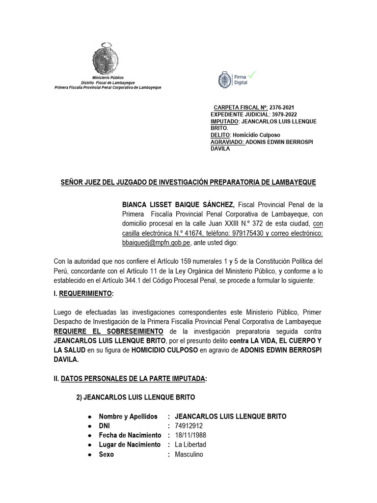 Homicidio Culposo en Lambayeque: Caso Llenque | PDF | Causalidad (Ley ...