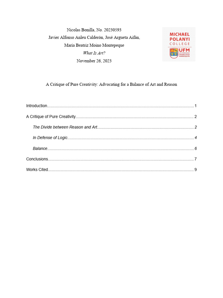 What Is Art Essay - Nicolás Bonilla | PDF | Reason | Creativity