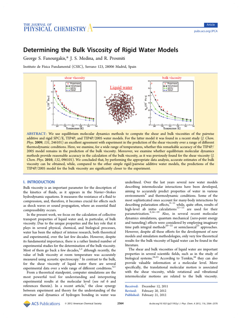 Fanourgakis Et Al 2012 Determining The Bulk Viscosity of Rigid Water ...