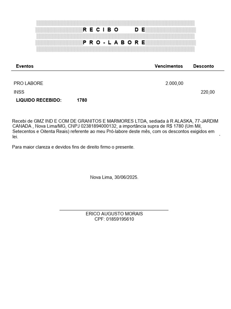 Recibo Pro Labore GMZ 06-2025 | PDF