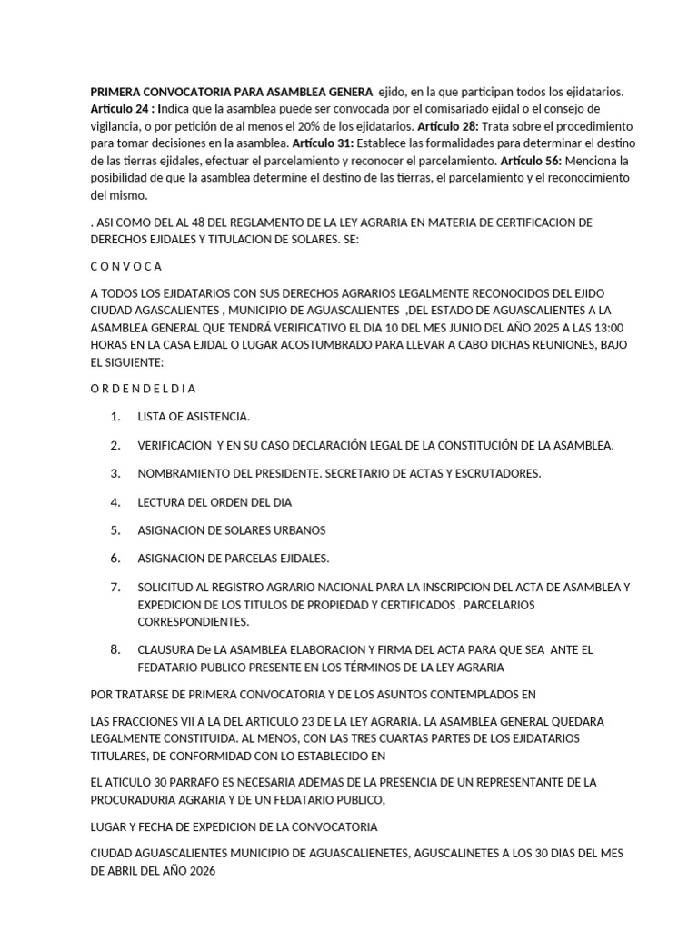Convocatoria Asamblea Ejidal 2025 | PDF