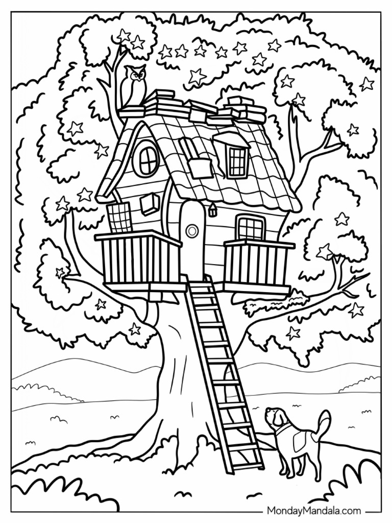 Detailed Cozy Tree House Coloring Page | PDF