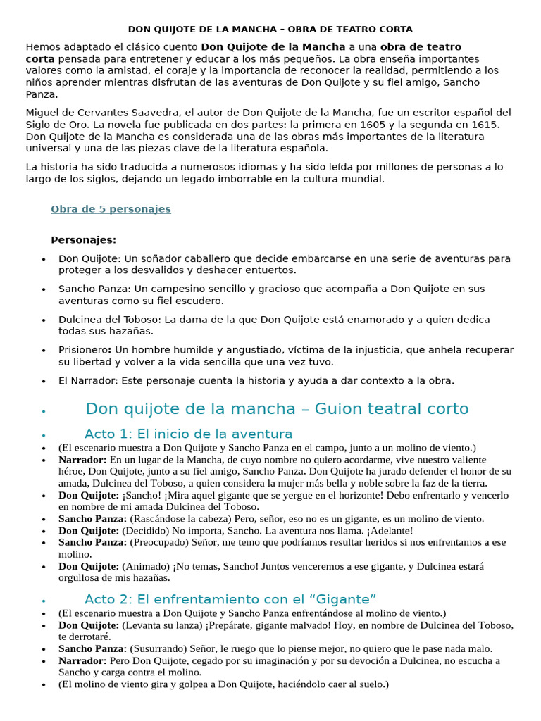 Don Quijote: Obra de Teatro Corta | PDF | Don Quijote