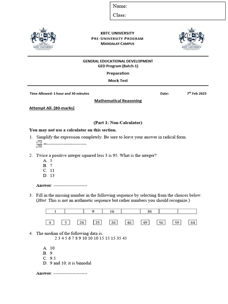 GED Mathematical Reasoning Mock Test | PDF | Area | Mathematics