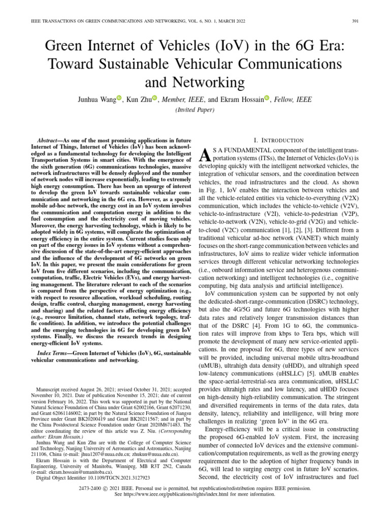 Green Internet of Vehicles IoV in The 6G Era Toward Sustainable ...