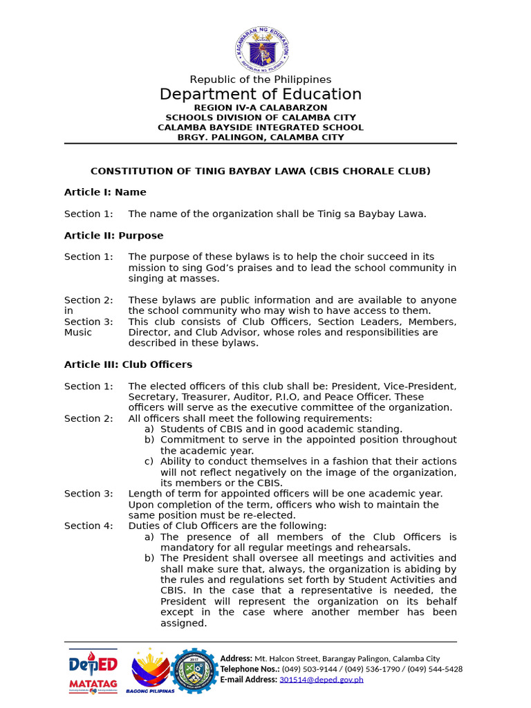 CBIS Chorale Club Constitution Bylaws | PDF | Choir | Government