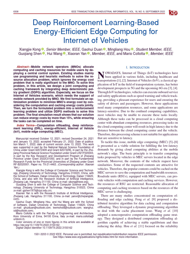 Deep Reinforcement Learning-Based Energy-Efficient Edge Computing for Internet of Vehicles | PDF ...