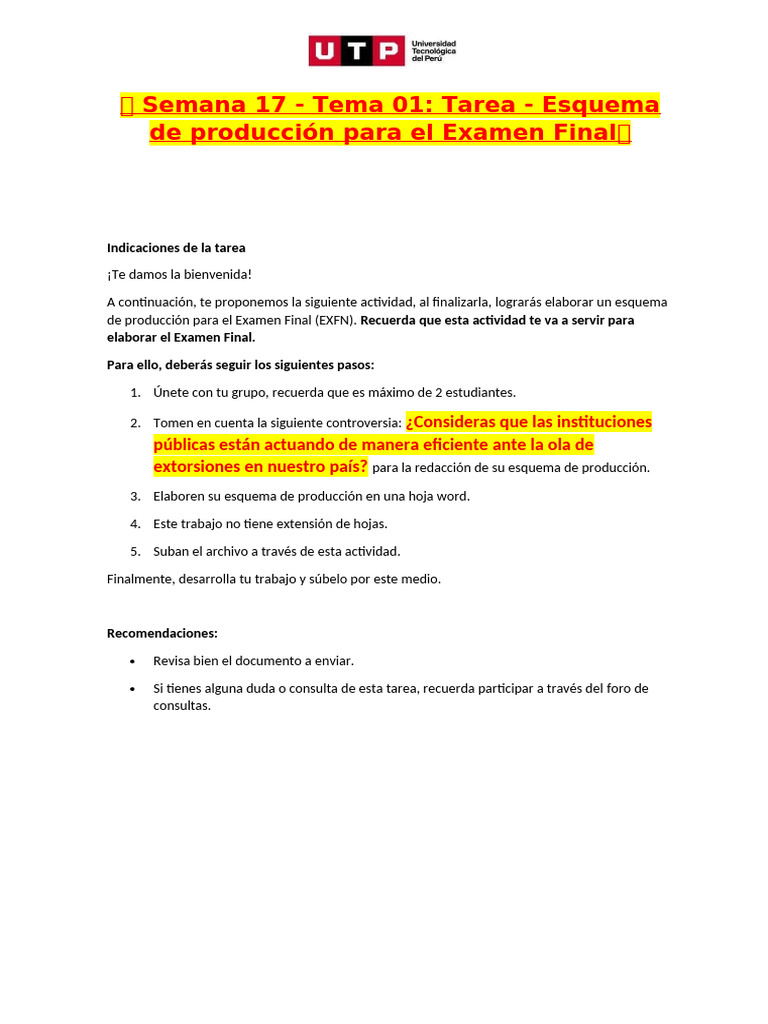 ? Semana 17 - Tema 01 Tarea - Esquema de Producción para El Examen Final - REDACCION 1 ...