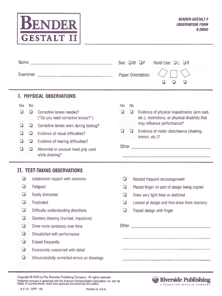 Bender Gestalt II Protocolo-Observation Form | PDF