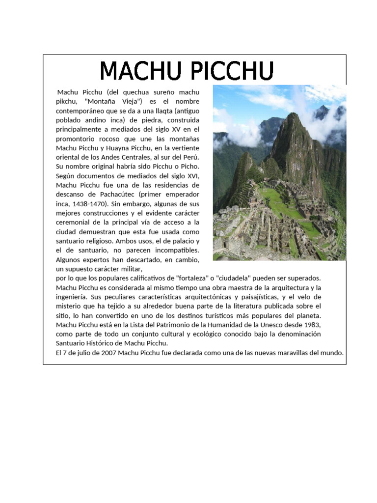 Comprension de Lectura Machupichu | PDF | Machu Picchu