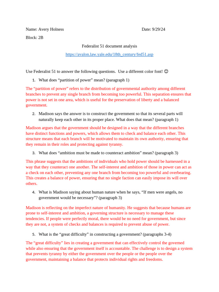 Federalist 51 Doc Analysis-1 | PDF | James Madison | United States Congress