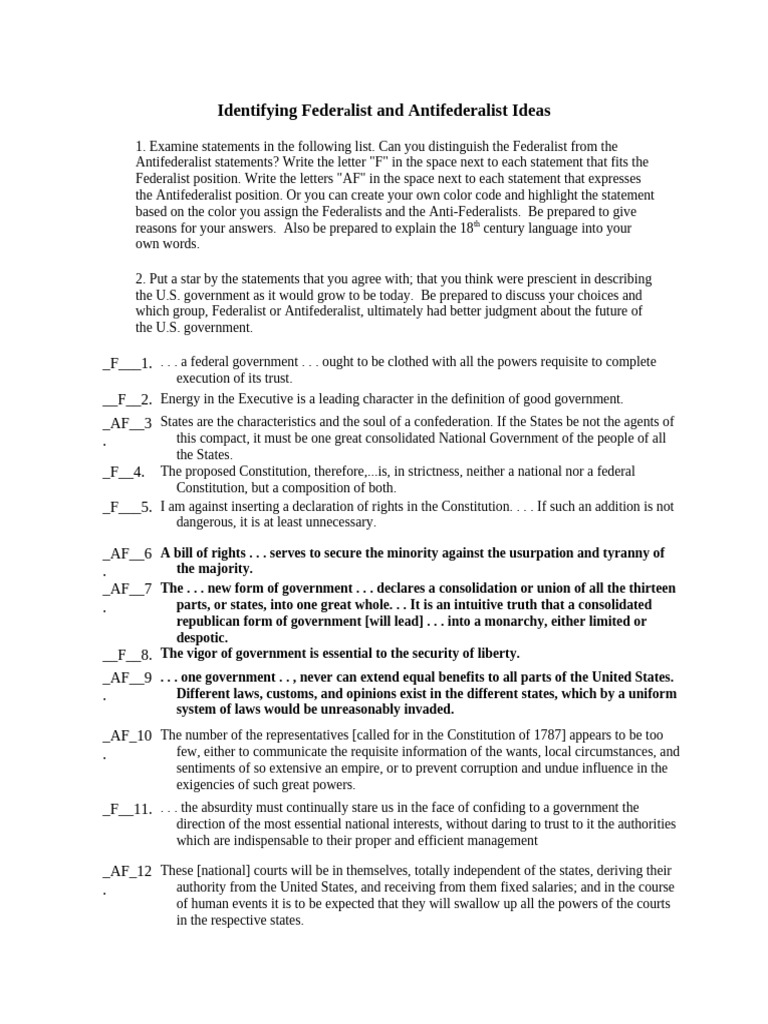 Identifying Federalist and Antifederalist Ideas 2024 | PDF | Political ...