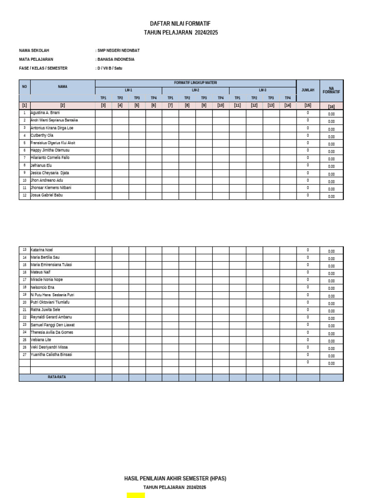 Format Nilai Kumer Kelas 7 b | PDF