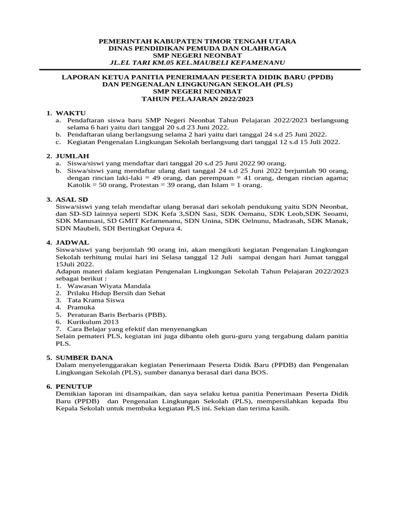 Laporan Ketua Panitia PSB Dan Mos 2022-2023 | PDF