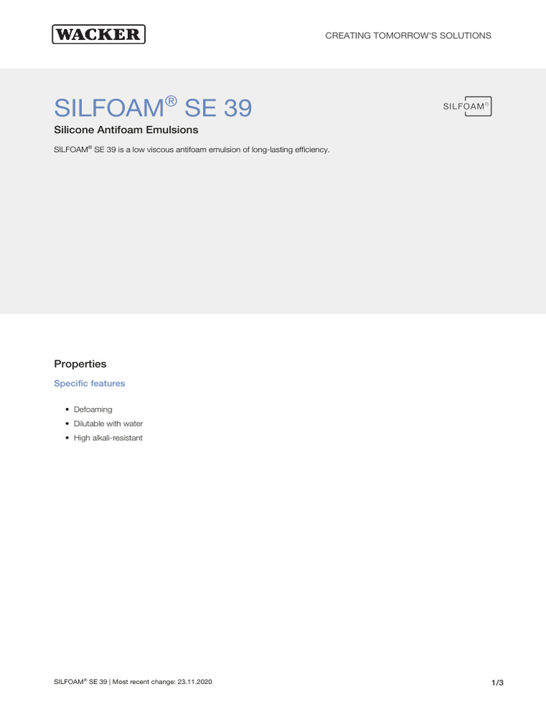 Silfoam SE 39 Antifoam Emulsion Details | PDF | Viscosity | Emulsion