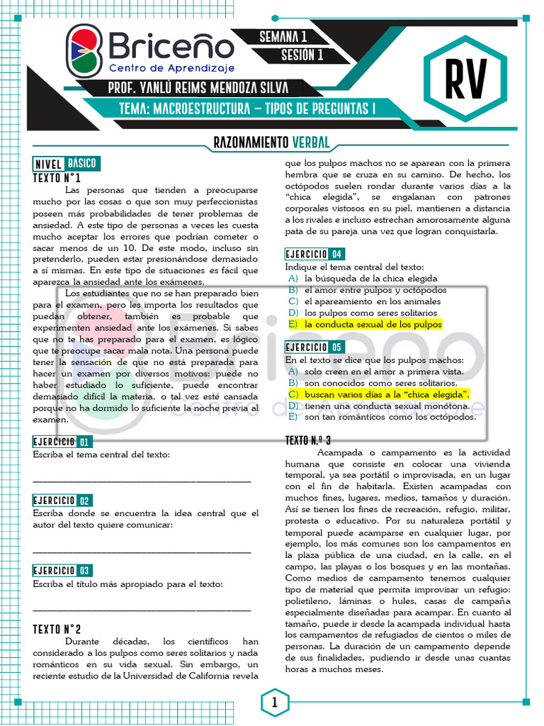 01.1 Macroestructura - Tipos de Preguntas I - Briceño (RPTA) | PDF | Cámping