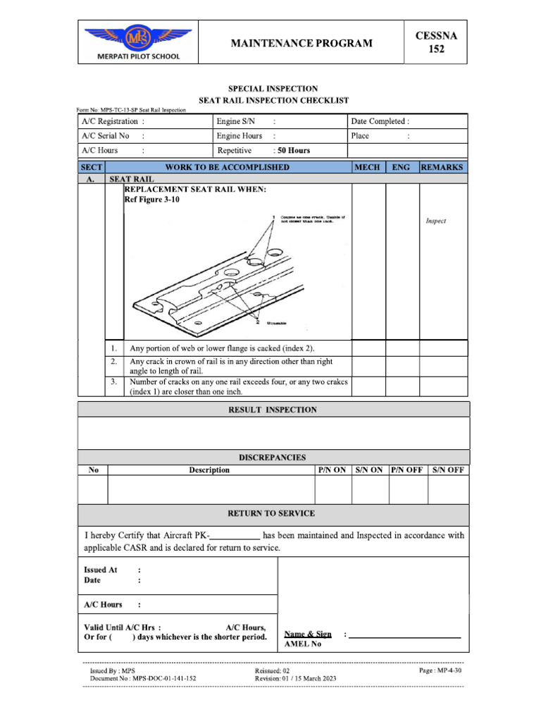 TC SP 50 Hours Seat Rails Inspection C152 2023 | PDF