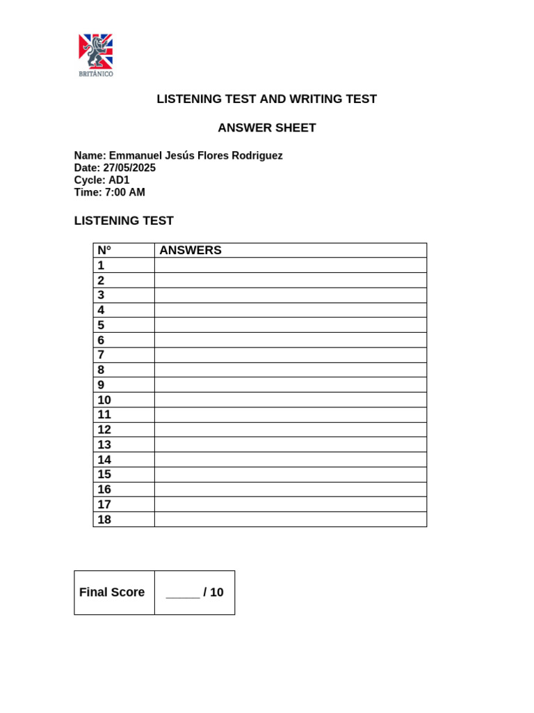 Listening Test and Writing Test - Answer Sheet | PDF