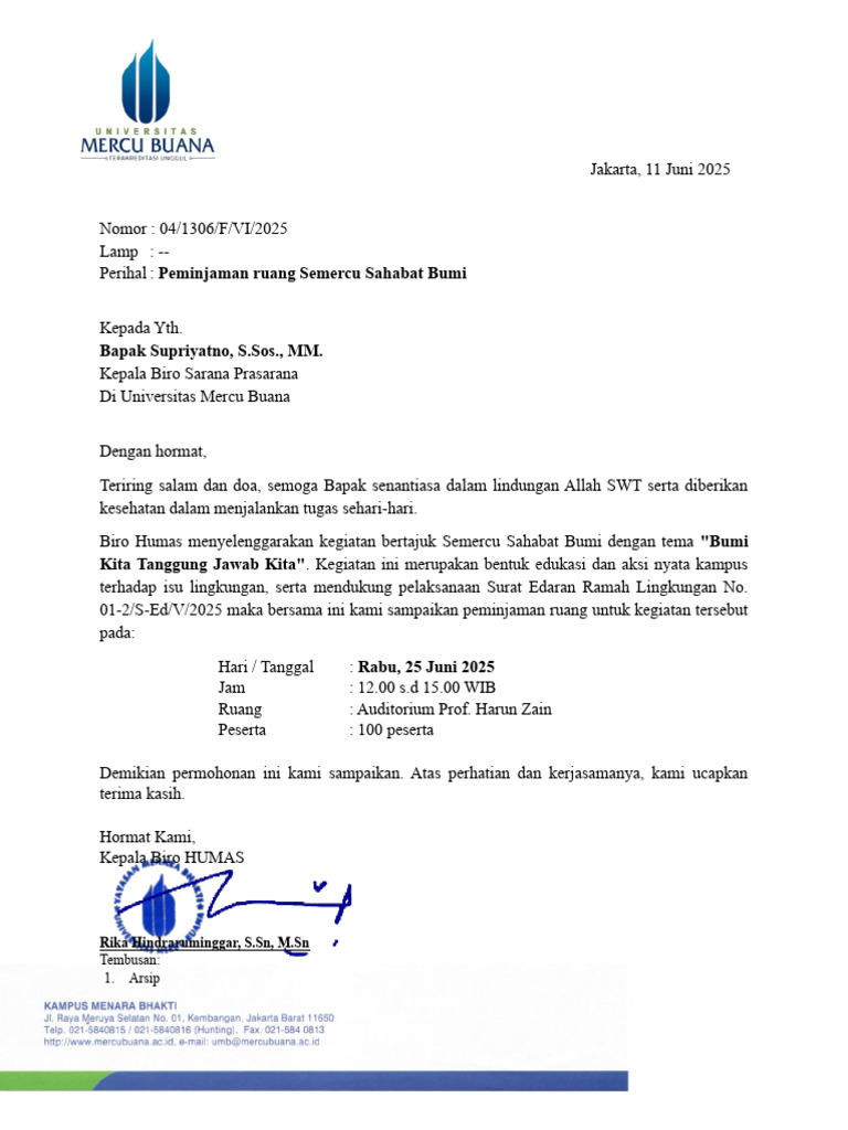 Peminjaman Auditorium untuk Semercu Sahabat Bumi | PDF