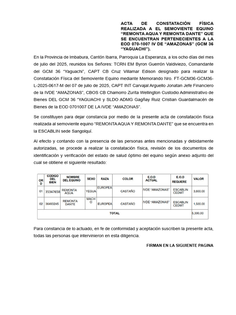 Acta de Constatación Física Realizada A El Semoviendte Equino-Signed-Signed-Signed | PDF