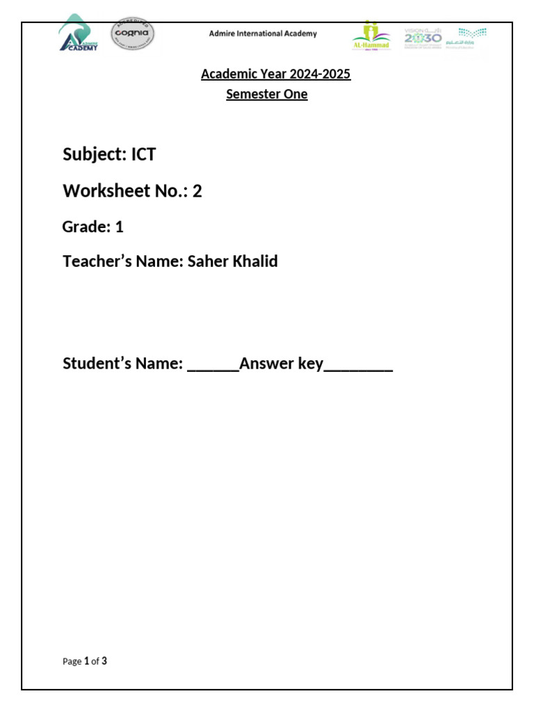 Subject: ICT Worksheet No.: 2: Grade: 1 Teacher's Name: Saher Khalid | PDF