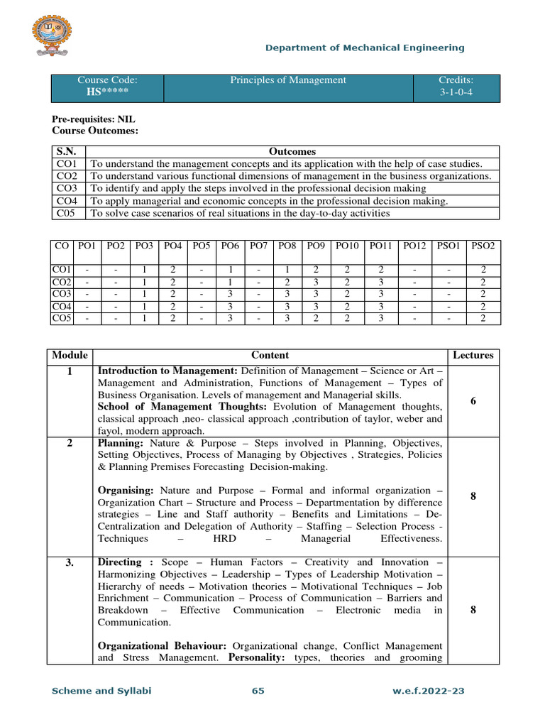 Principles of Management Syllabus 2022-23 | PDF | Organizational ...