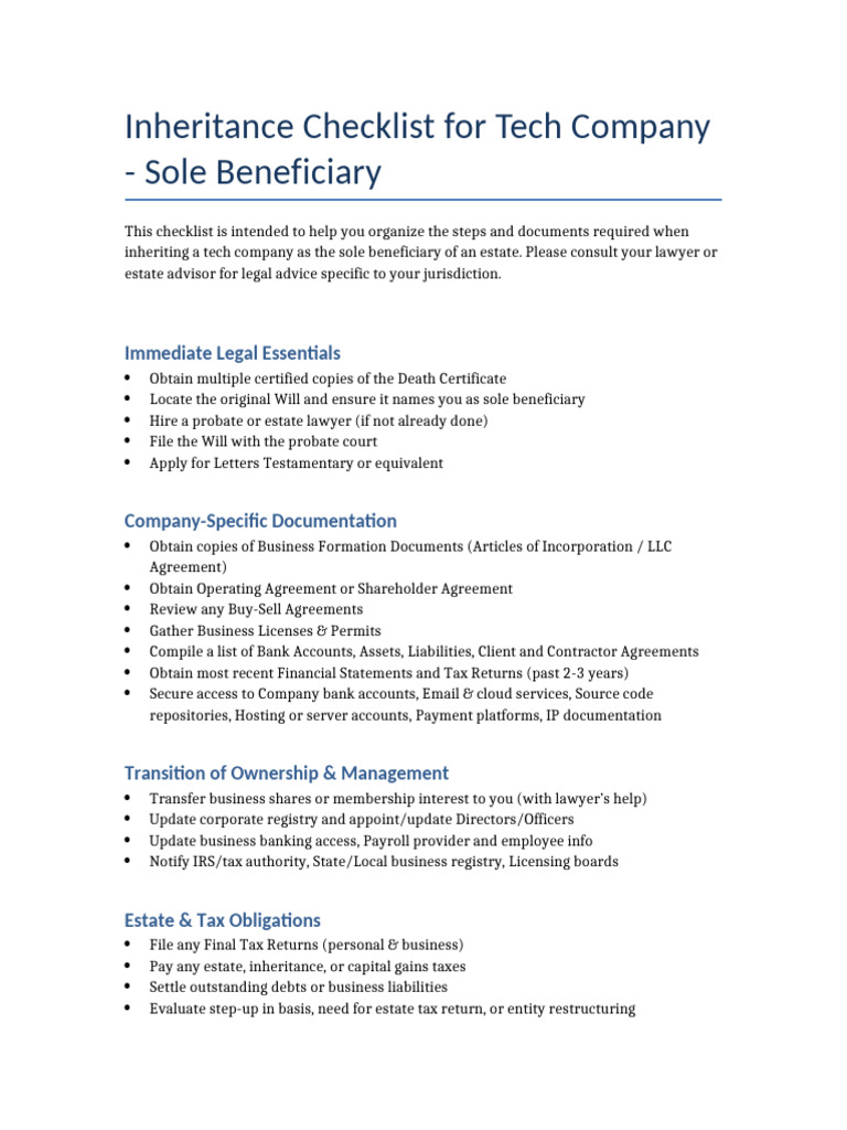 Inheriting a Tech Company Checklist | PDF | Probate | Business