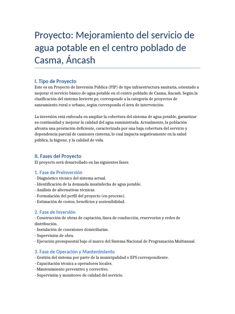 Formulación Proyecto Casma 2025 | PDF | Agua | Agua potable