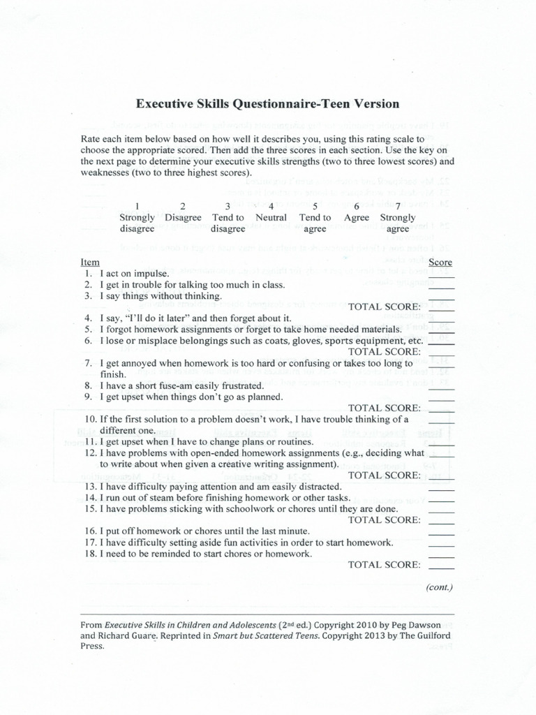 Executive Skills Questionnaire - Teen Version | PDF